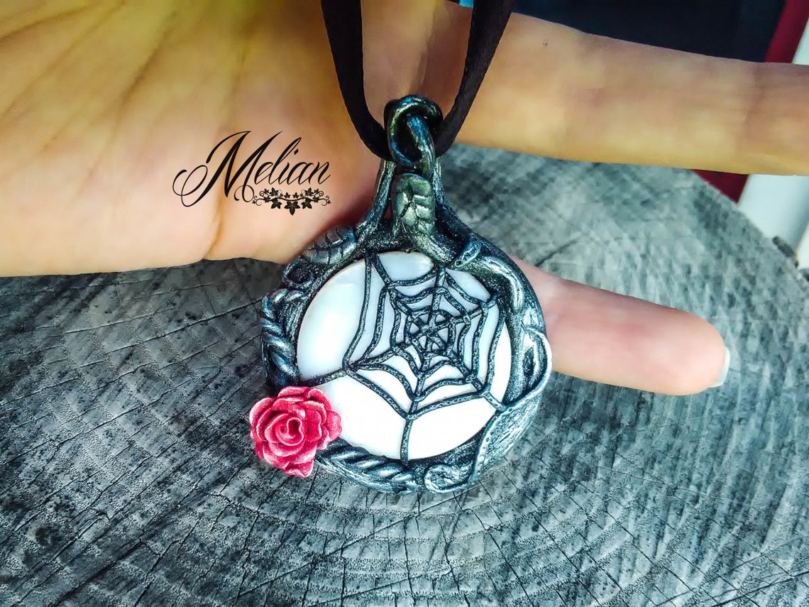 Spider Web Gothic Pendant Choker Necklace Red Rose Spider - Etsy