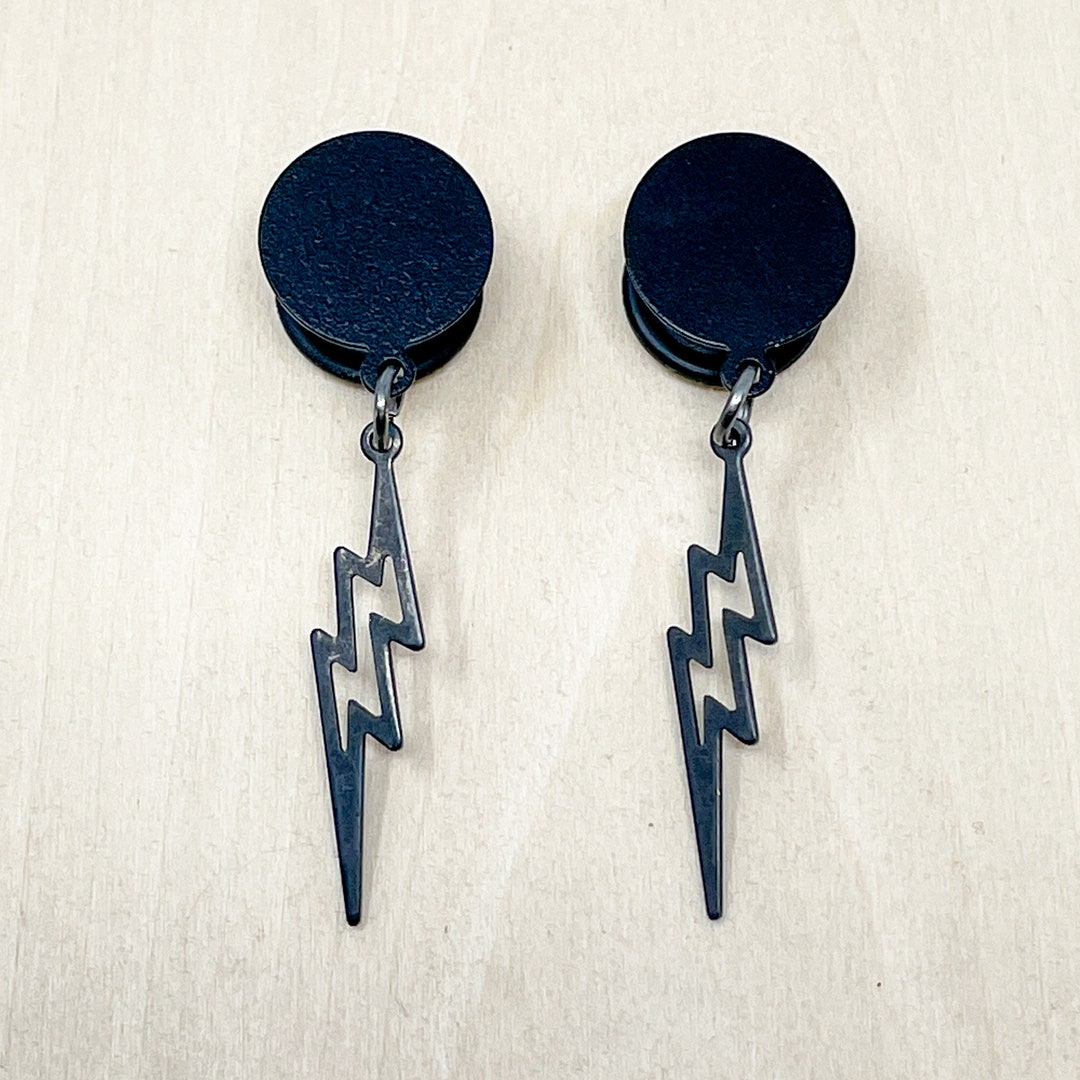 Black Open Lightning Bolt Dangle Plugs Gauges Earrings - Etsy