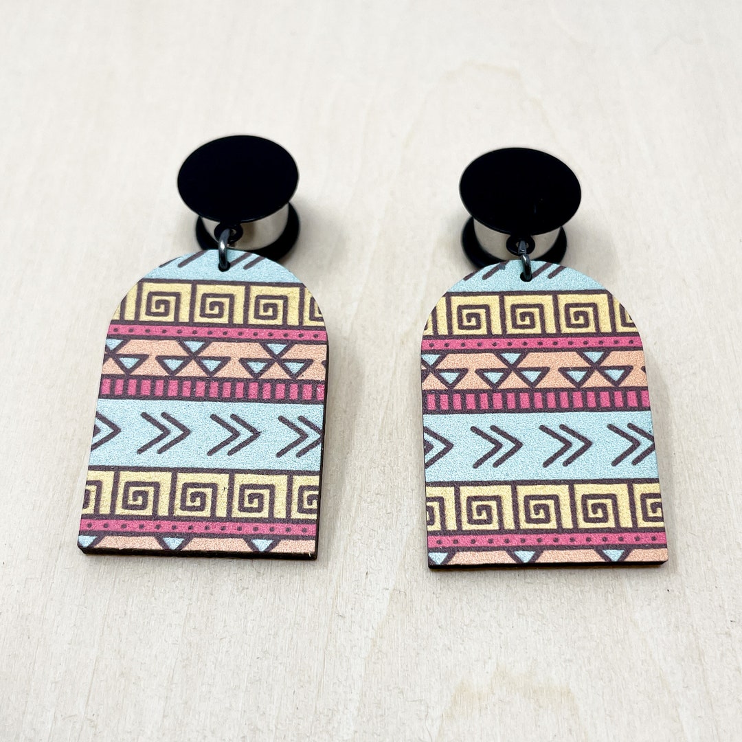 Multi Colored Aztec Painted Wood Gauges 4g, 2g, 0g, 00g, 7/16, 1/2, 9/ ...