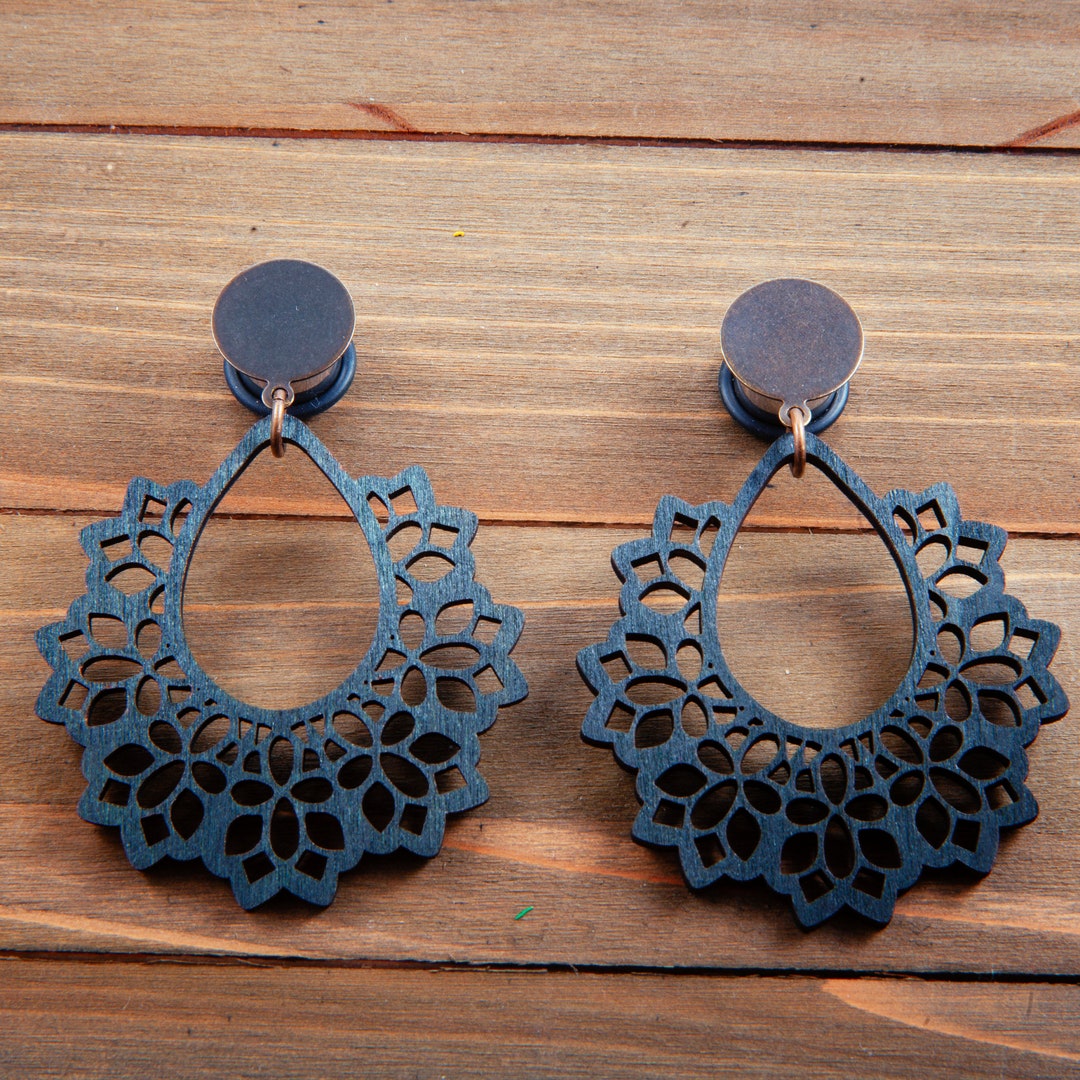 Black Wood Lace Plugs Gauges Earrings 4g, 2g, 0g, 00g, 7/16, 1/2, 9/16 ...