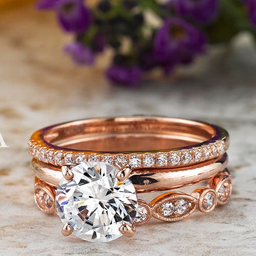 Bezel Stackable Set in 14k/18k Rose Gold Bezel Wedding Band | Etsy