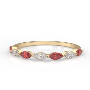 14k Solid Gold Ruby Ring / Half Eternity Ruby Ring Micro Pave Set / Stackable Natural Genuine ...