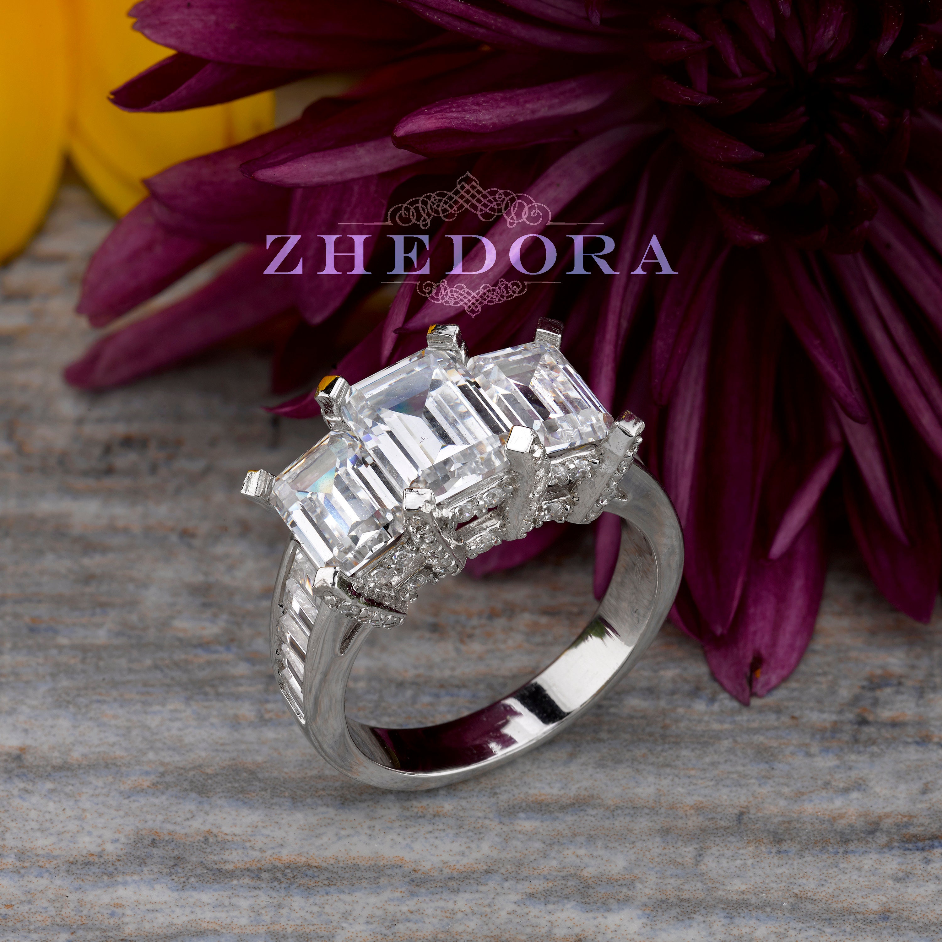 Emerald Cut Engagement Ring Three Stone Ring Flashy - Etsy