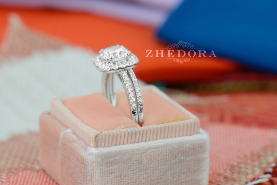 Solid White Gold Engagement Ring for Her Wedding Set Real - Etsy