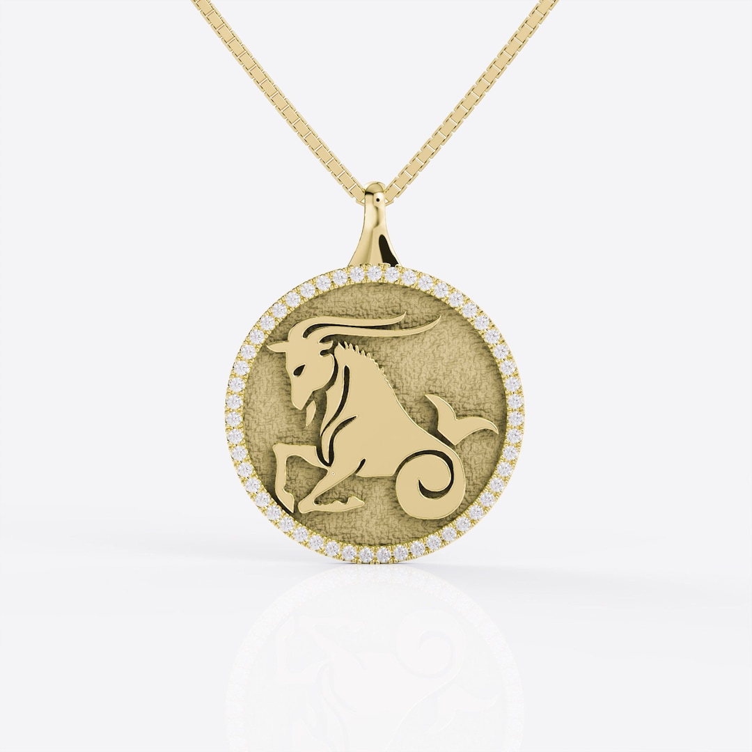 Zodiac Diamond Necklace, Heavy Medallion, Capricorn Pendant Necklace ...