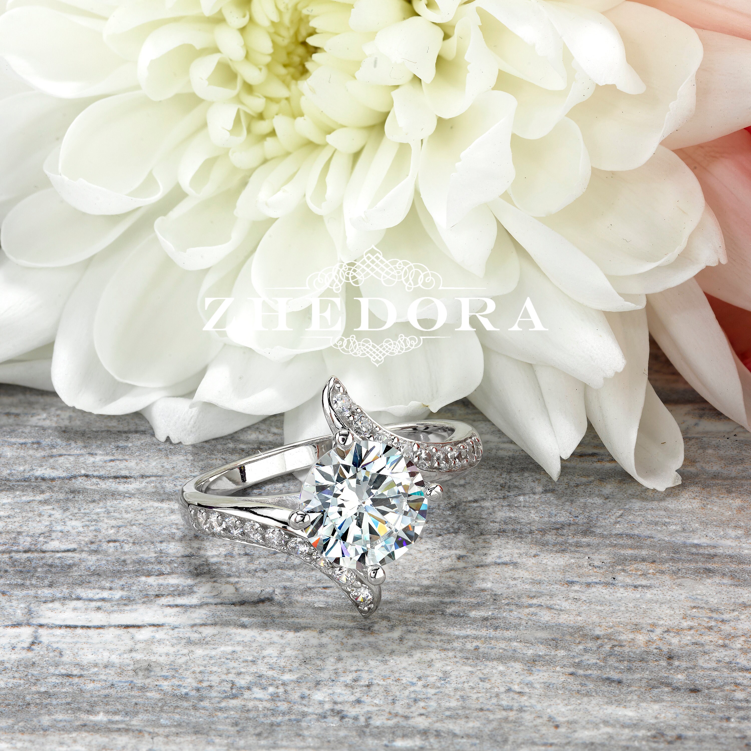 2.0 CT Round Bypass Engagement Ring in Solid 14k/18k White Gold, Bypass ...