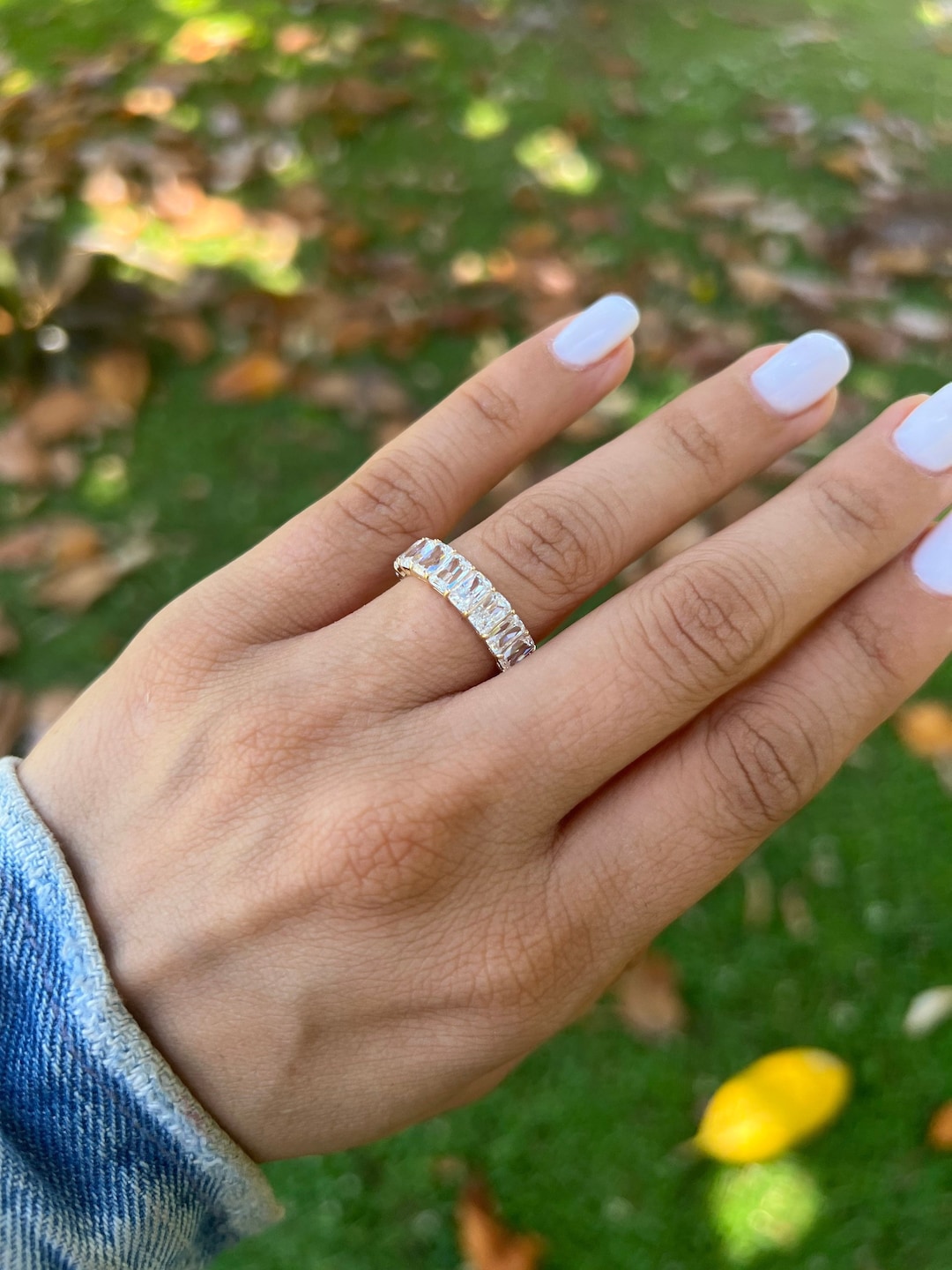 White Gold Radiant Cut Eternity Wedding Band | Stacking Wedding Band ...