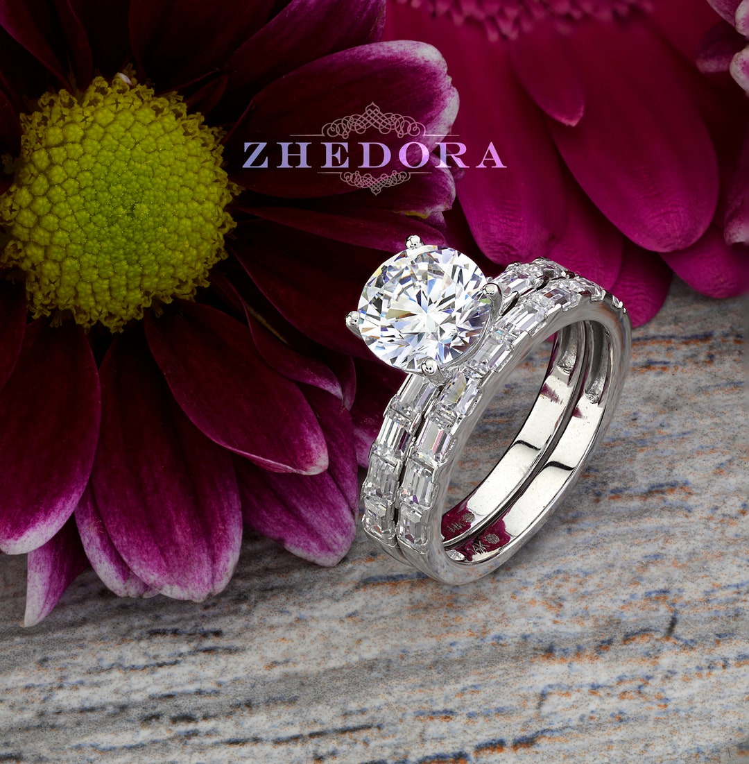 White Gold Bridal Set, Round Engagement Ring Set , Wedding Set ...