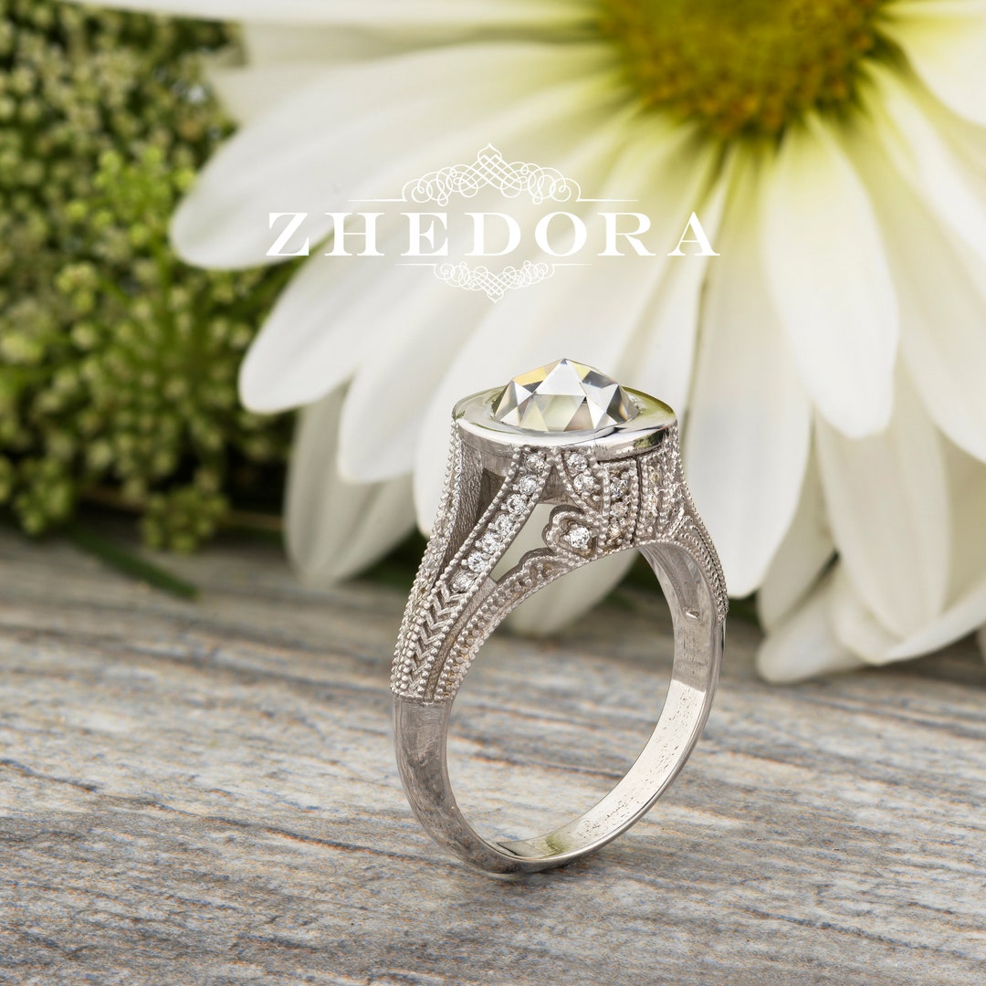 Antique Round Rose Cut Engagement Ring Solid 14k/18k Gold, Bezel ...