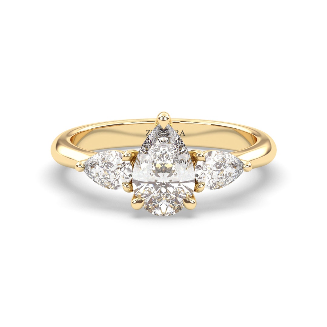 Three Stone Pear Cut Engagement Ring , Pear Diamond Ring, Three Stone ...