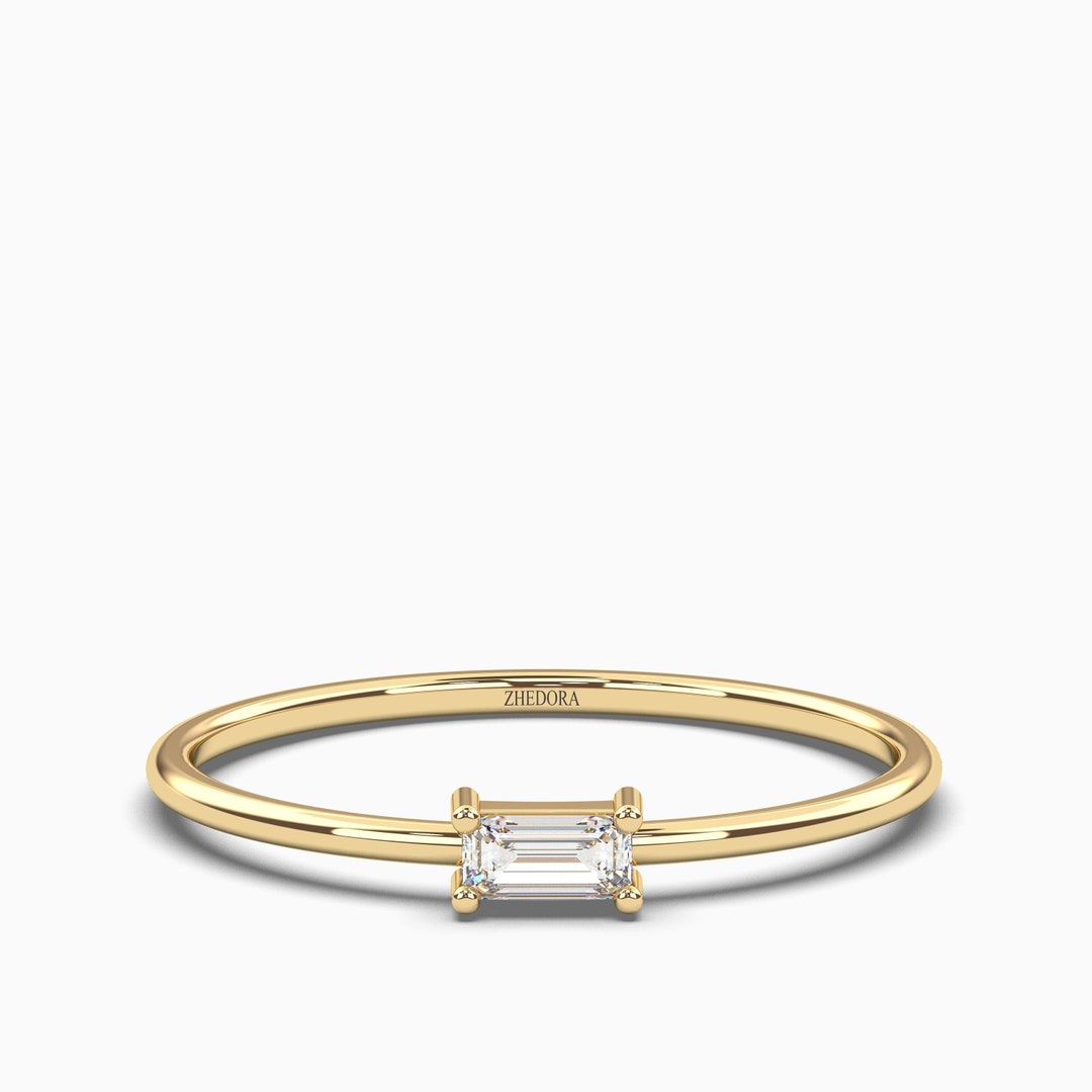Single Emerald Diamond Ring, Thin Solid Gold Band With an Emerald Cut ...