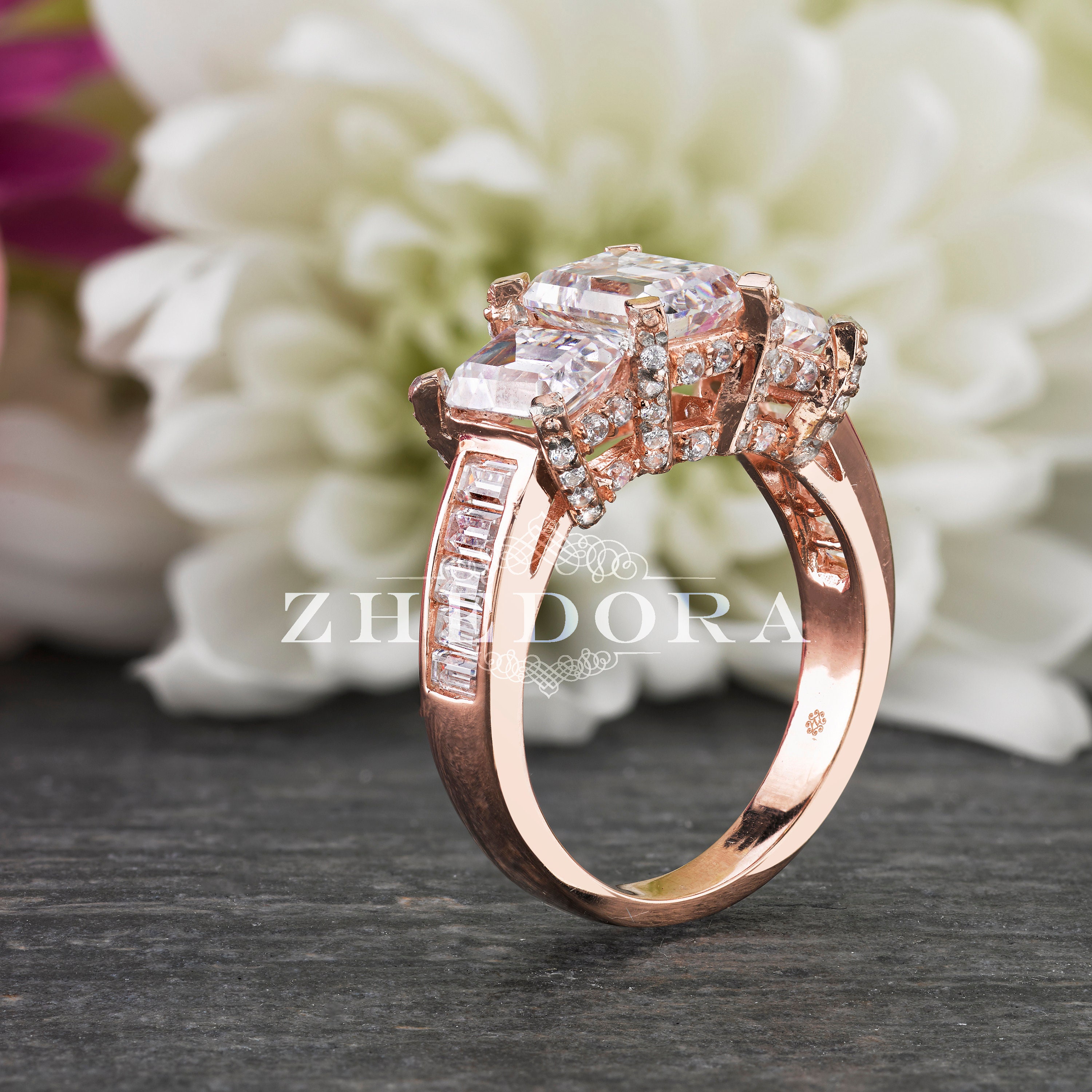 Emerald Cut Engagement Ring Three Stone Ring Flashy - Etsy