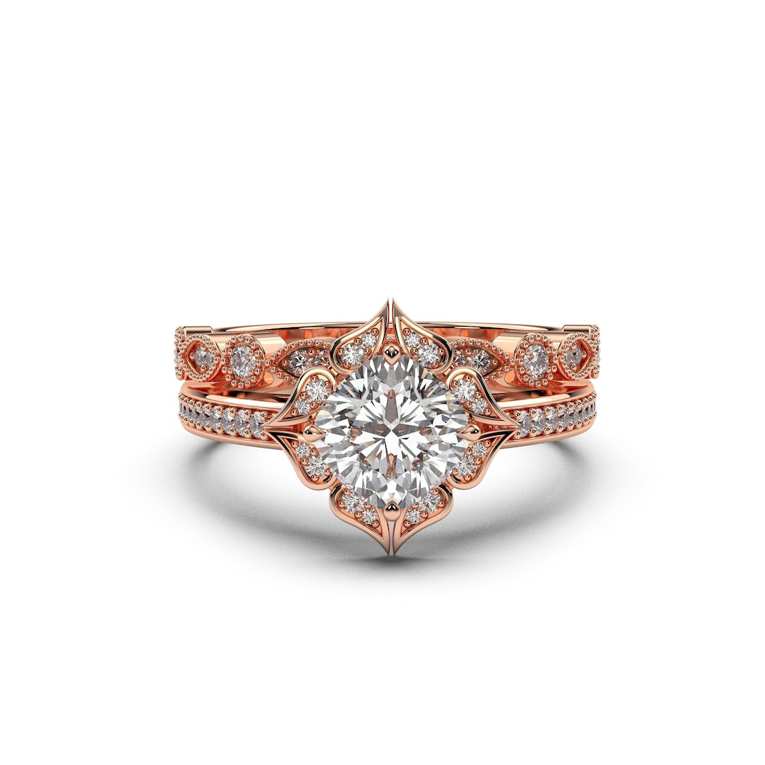 Vintage Rose Gold Wedding Ring, Solid Gold Unique Diamond Ring, Lab ...