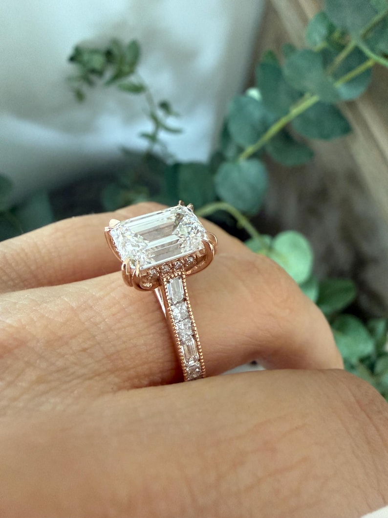 3 CT Emerald Cut Lab Diamond Ring • E VS1 Engagement Ring • Channel Set ...