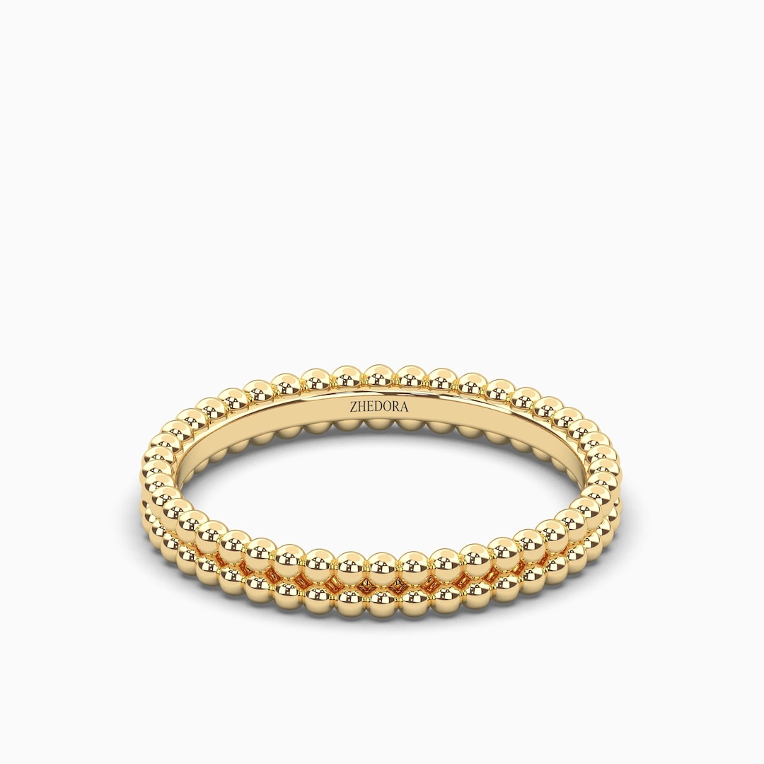 Double Beaded Gold Ring, Solid Gold Wedding Band, Stackable Gold Ring ...