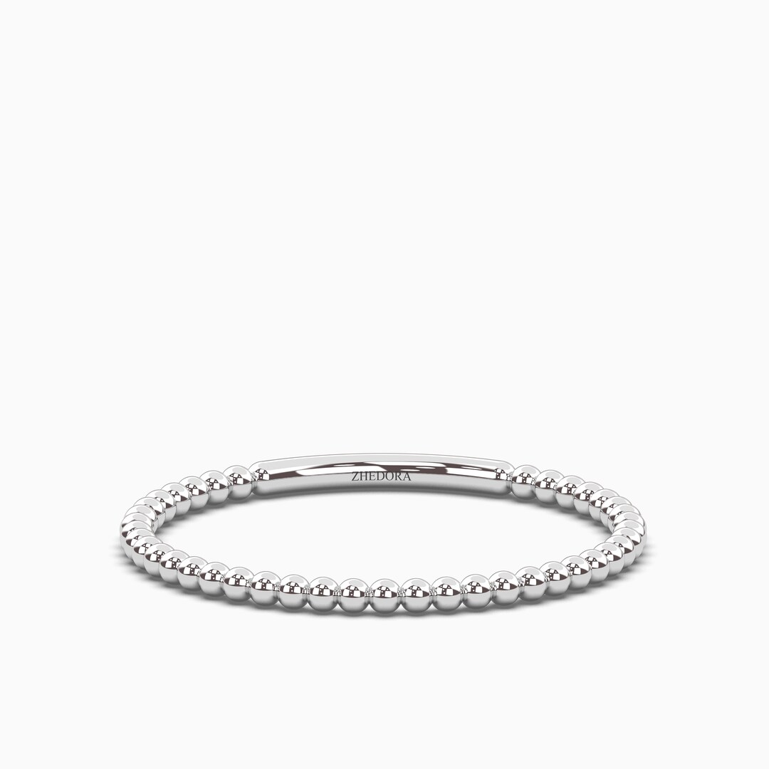 White Gold Beaded Band, 14k Solid White Gold Ring, Stackable Ring ...