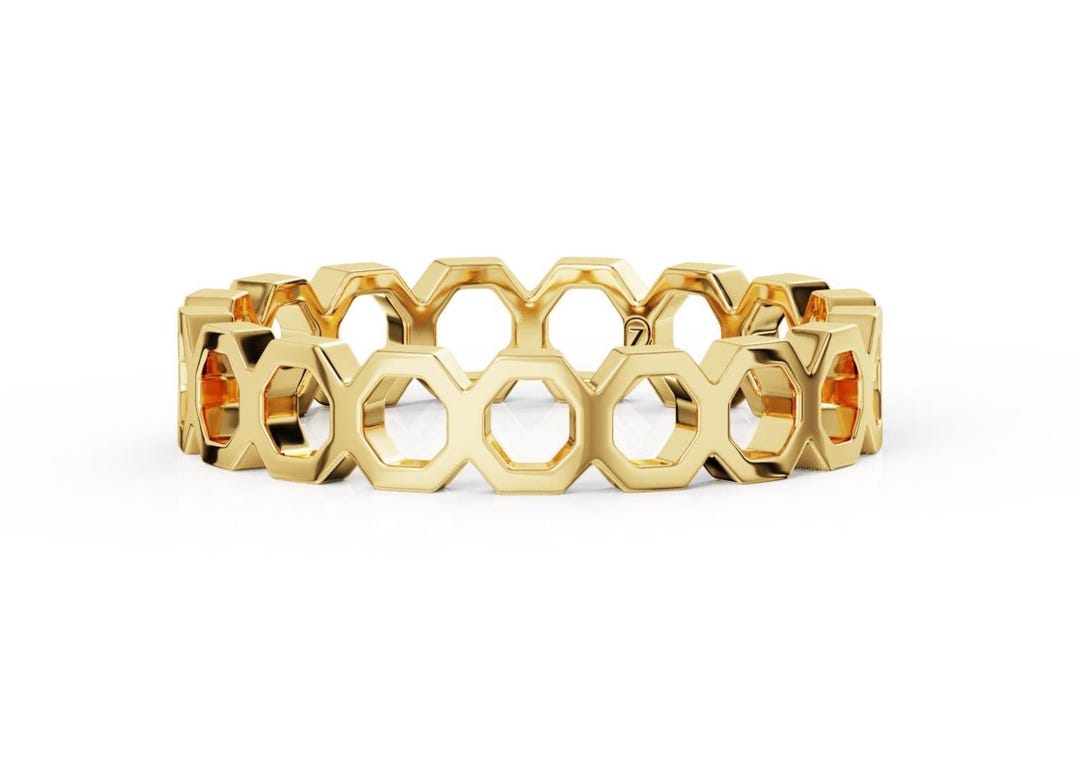 14k Solid Gold Hexagon Ring, Hexagon Eternity Ring, Honeycomb Ring ...