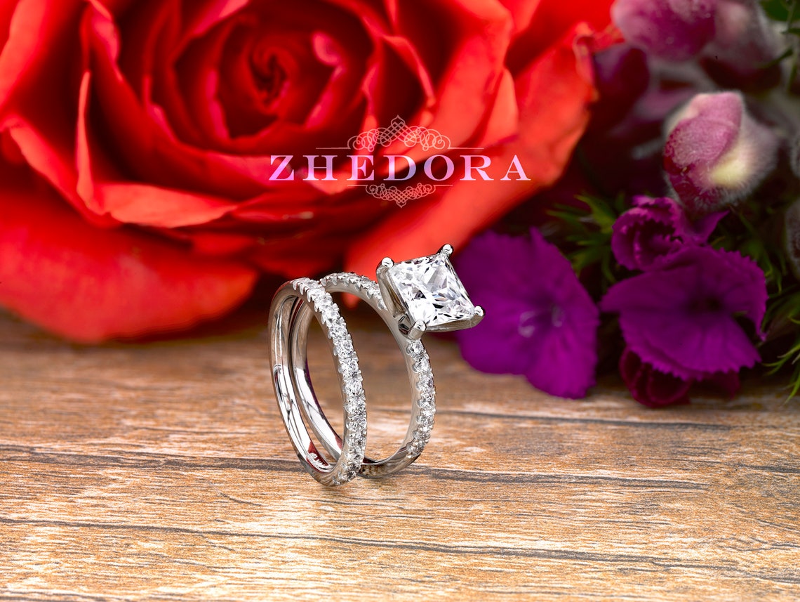 Princess Cut Bridal Set in 14k/18k White Gold,princess Cut Moissanite ...
