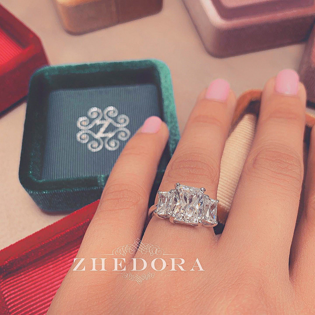 Solid Gold Engagement Ring / Three Stone Ring Moissanite / Cocktail ...