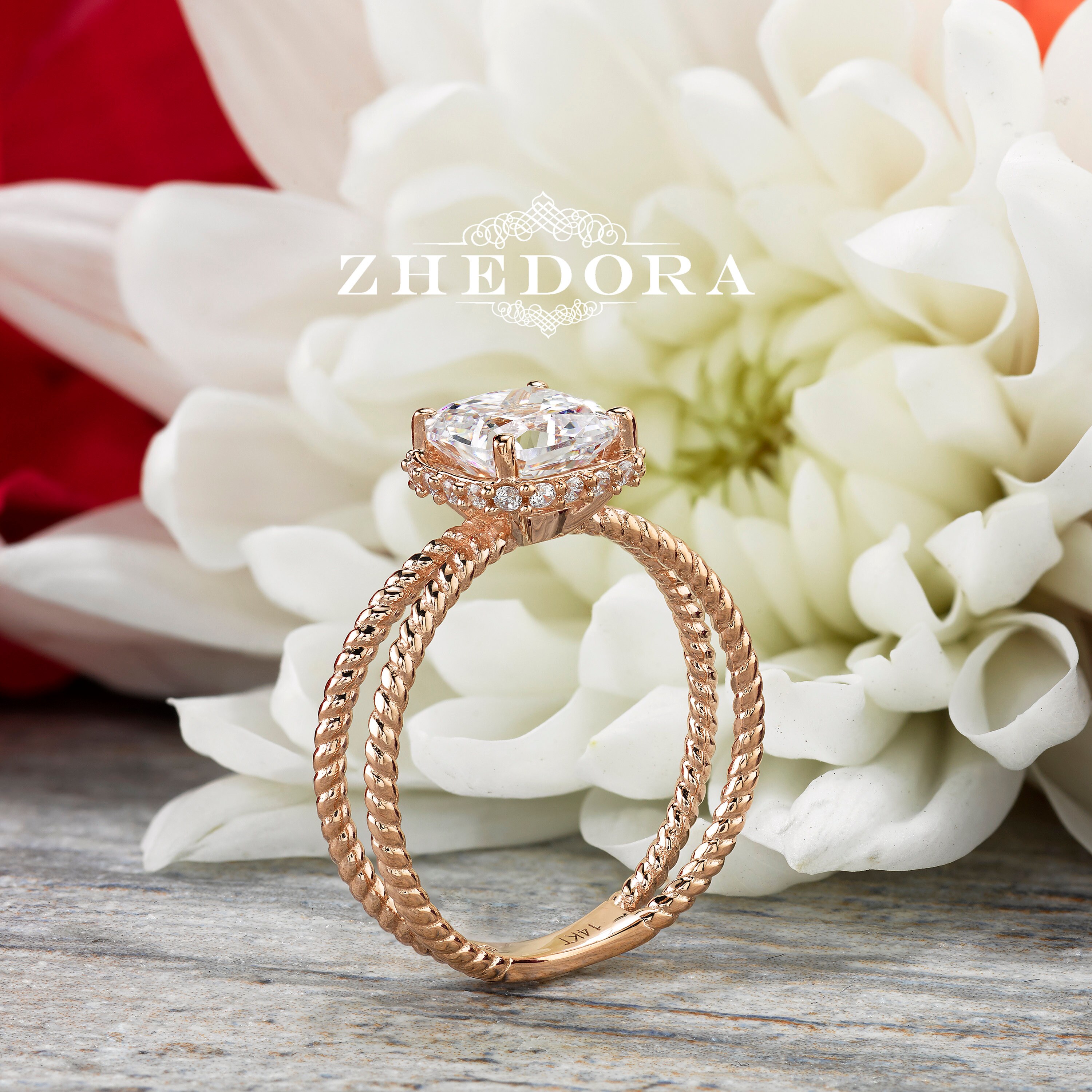 Cushion Cut Cable Band Engagement Ring in 14k/18k Rose Gold | Etsy