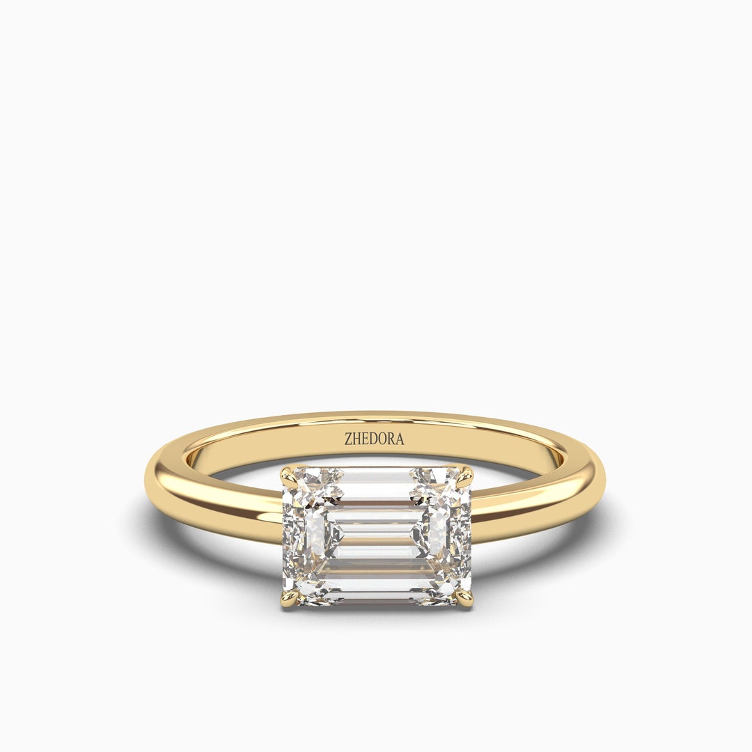 Solid Gold Emerald Cut Engagement Ring, 2ct Emerald Cut Moissanite Ring ...