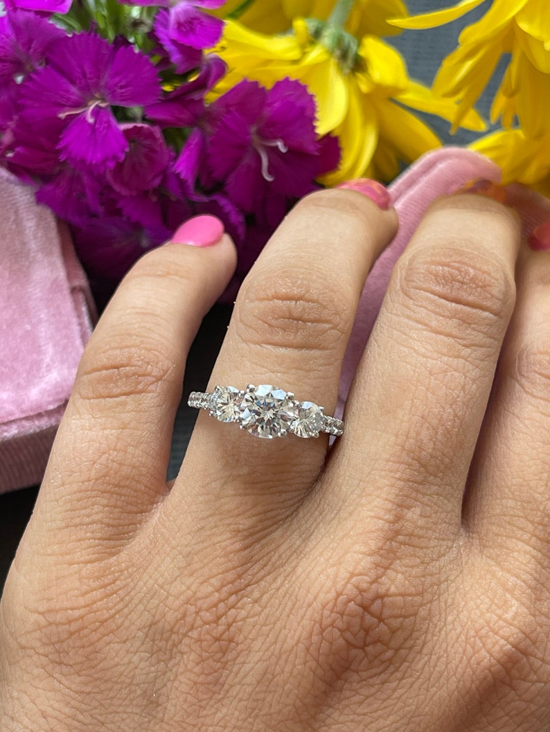 Three Stone Engagement Ring 14k 18k White Gold Bridal Past Etsy