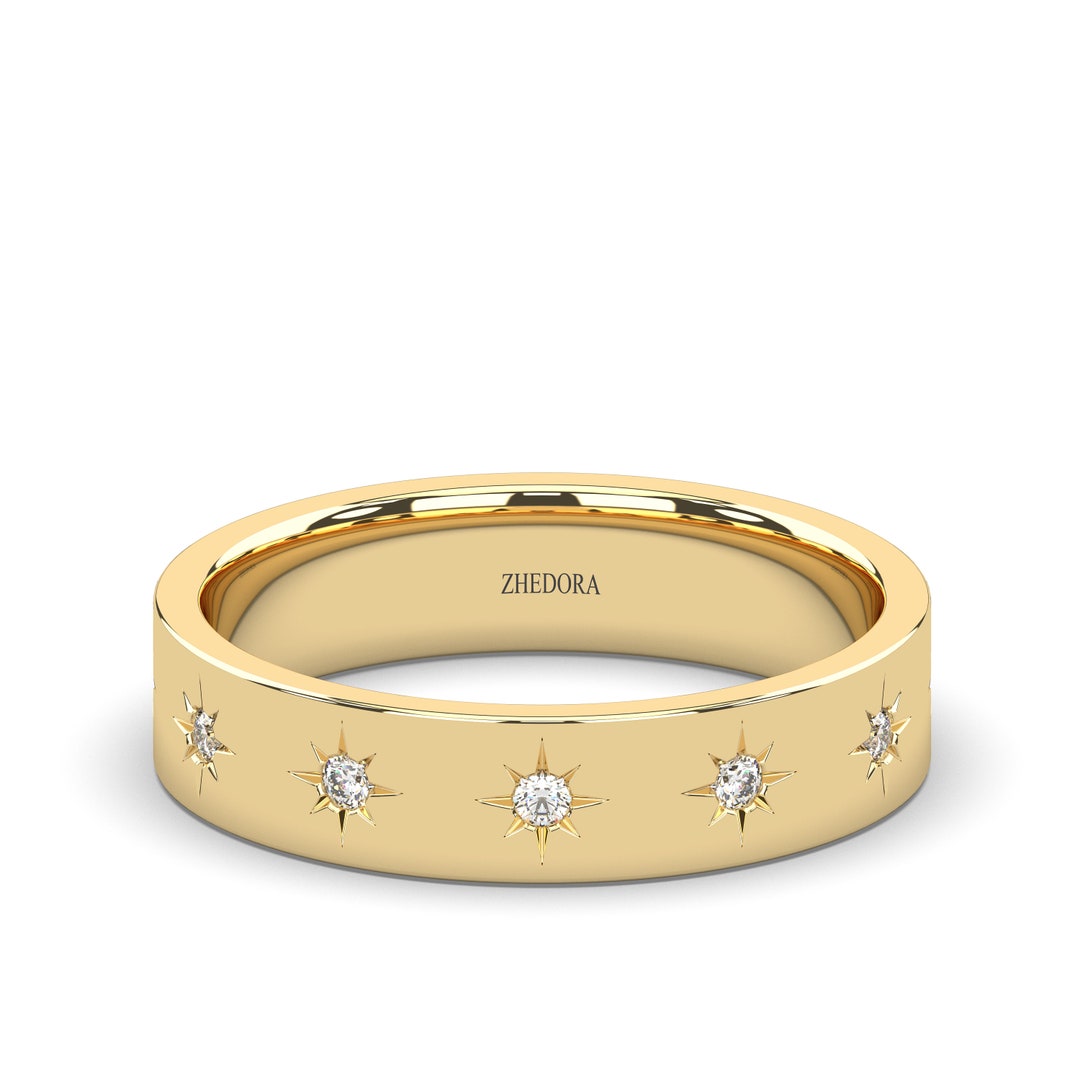 14k Gold Wedding Band With Diamond, Star Setting Diamond Ring, Yellow ...
