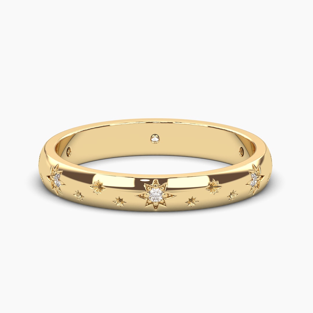 Celestial Wedding Band Solid Gold Bridal Band Star Emblem Band Star Shaped Gold Band Gold
