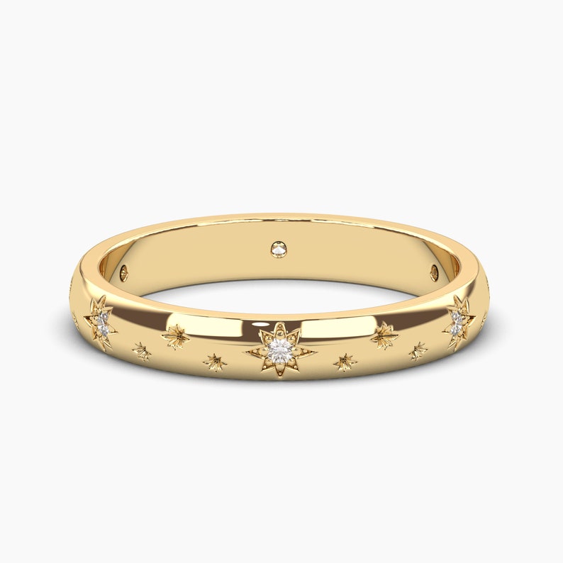 Celestial Wedding Band, Solid Gold Bridal Band, Star Emblem Band, Star ...