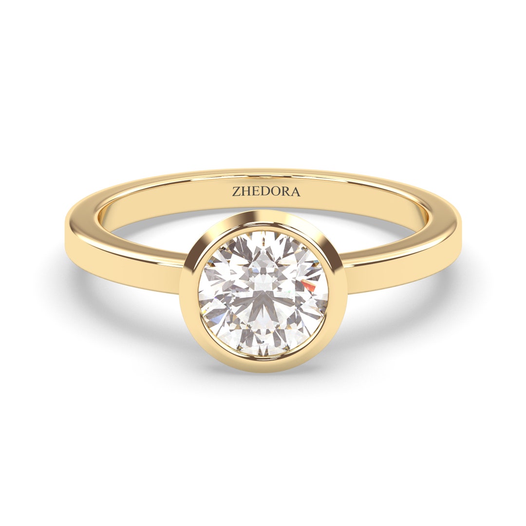 Bezel Round Cut Diamond Engagement Ring, 1 Ct Round Engagement Ring ...