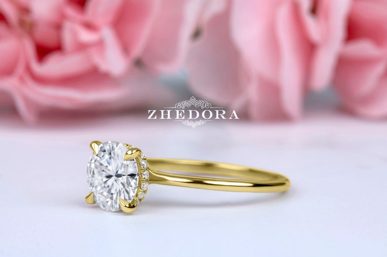14K Solid Gold Ring / Hidden Halo Engagement Ring / 2 Ct Round - Etsy