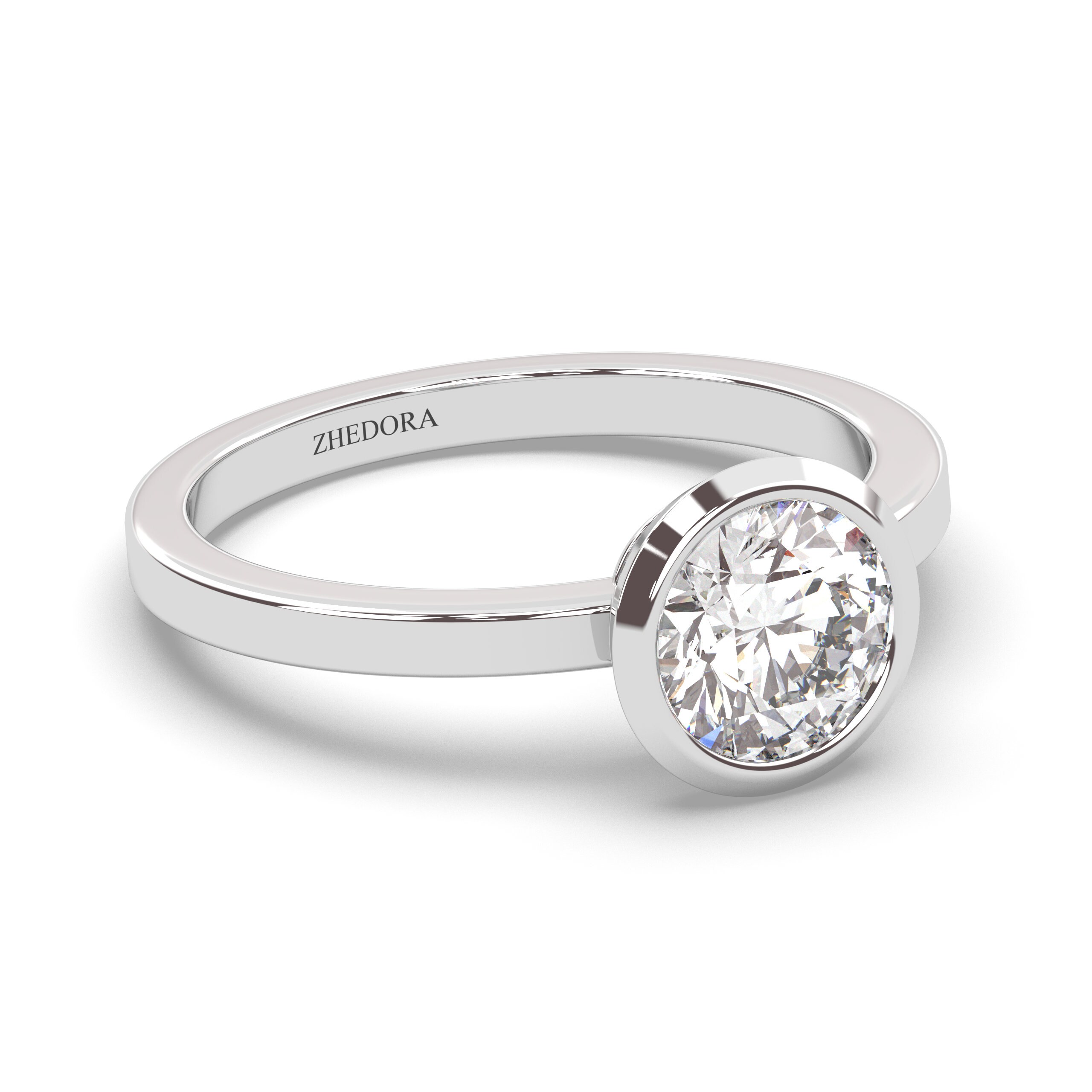 Bezel Round Cut Diamond Engagement Ring, 1 Ct Round Engagement Ring ...