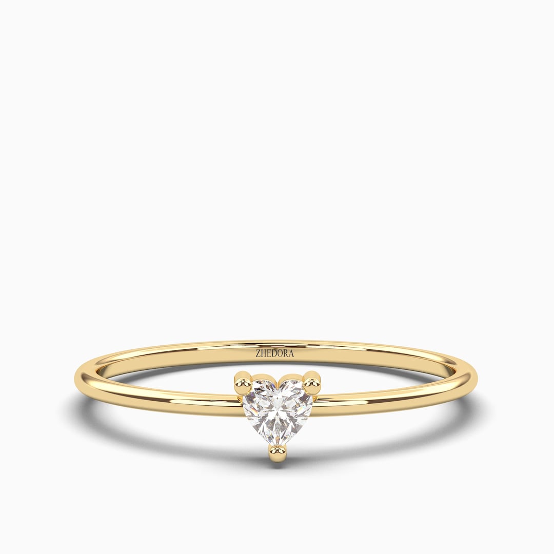 Heart Diamond Ring, Thin 14k Gold Band With a Heart Diamond, Stacking ...
