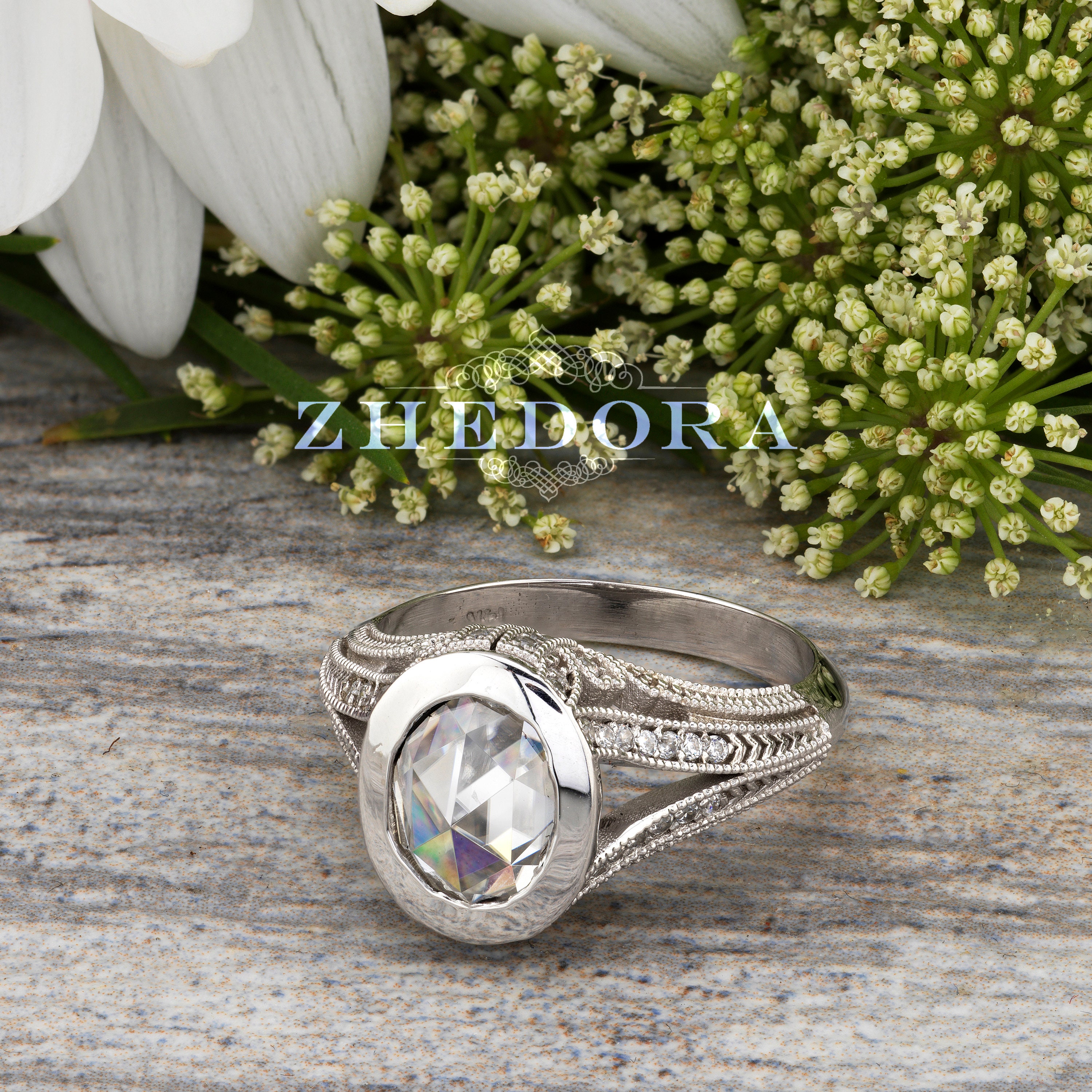 Rose CUT OVAL Engagement Ring in Solid 14k/18k Gold Bezel | Etsy