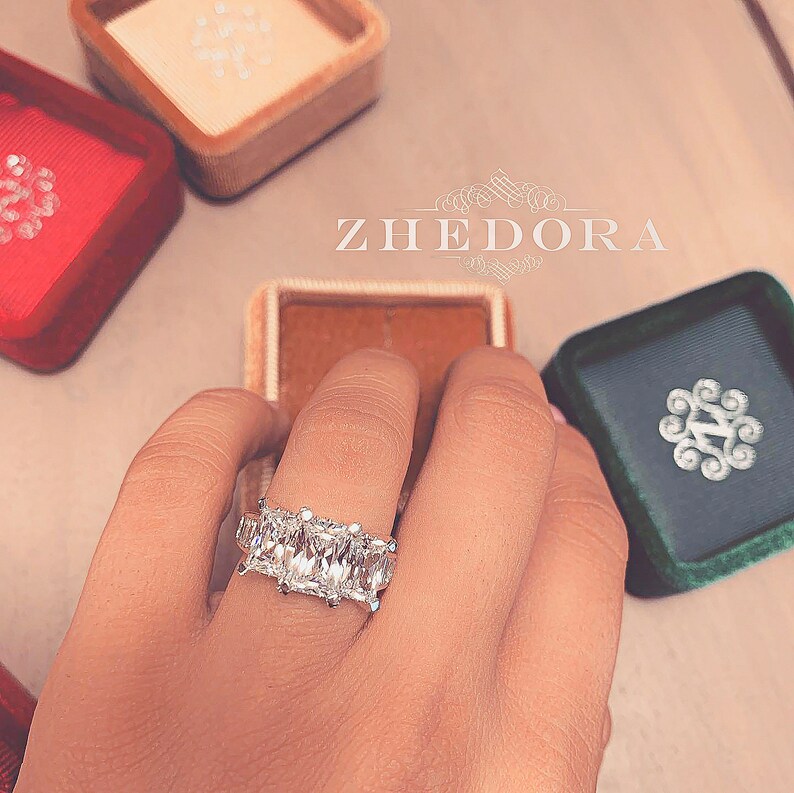 Emerald Cut Engagement Ring Three Stone Ring Flashy - Etsy