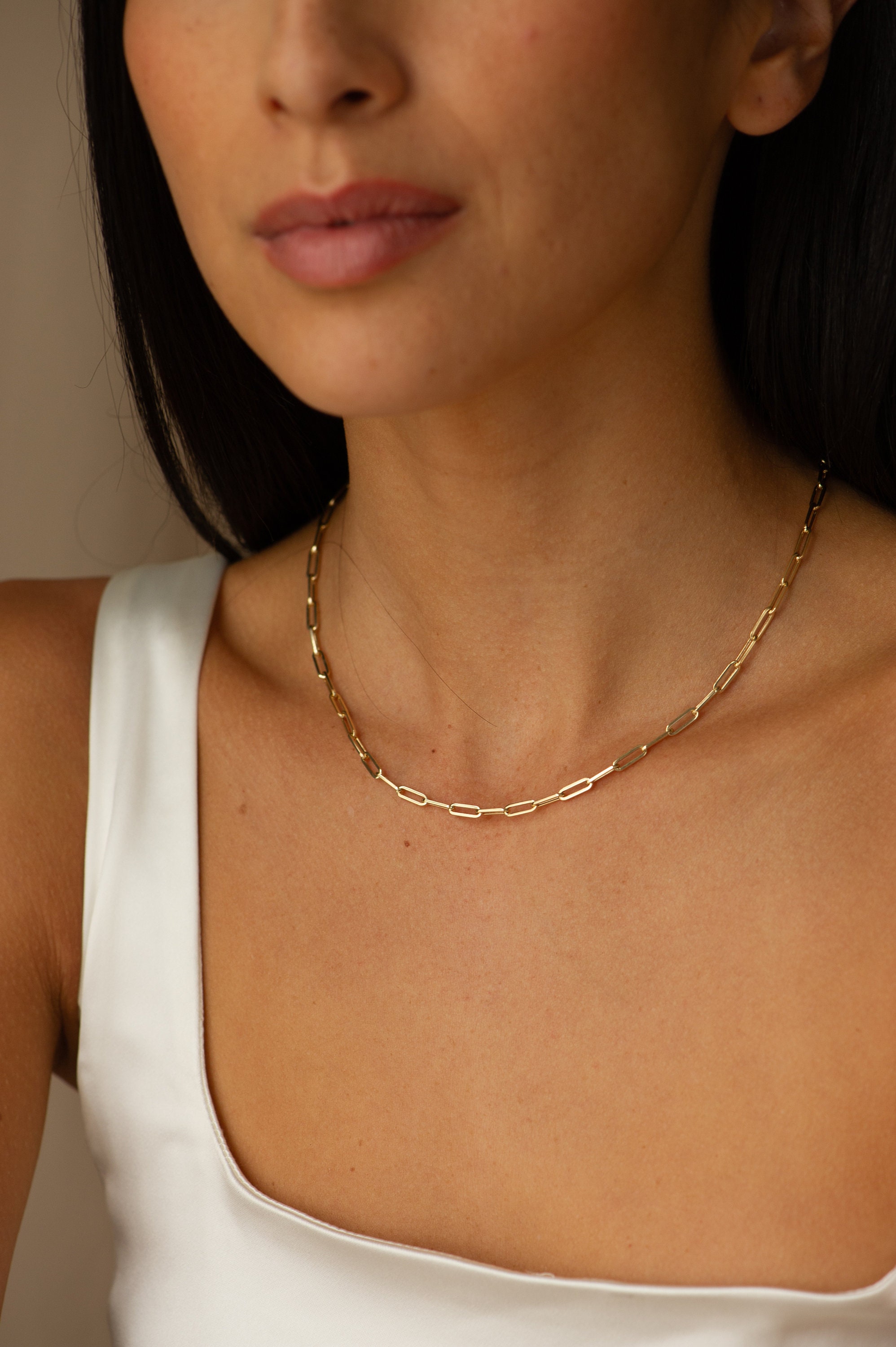 14K Gold Paperclip Chain , Layering Gold Chains , Paperclip Chains ...