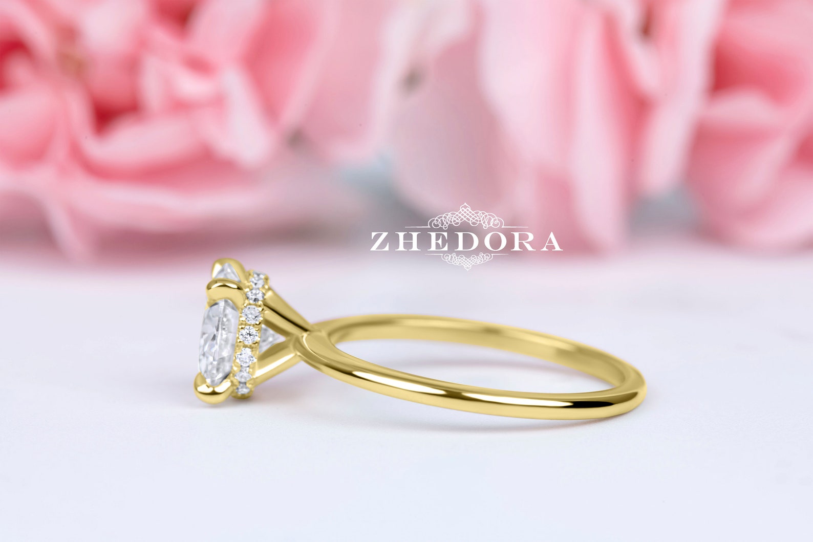 14K Solid Gold Ring / Hidden Halo Engagement Ring / 2 Ct Round - Etsy