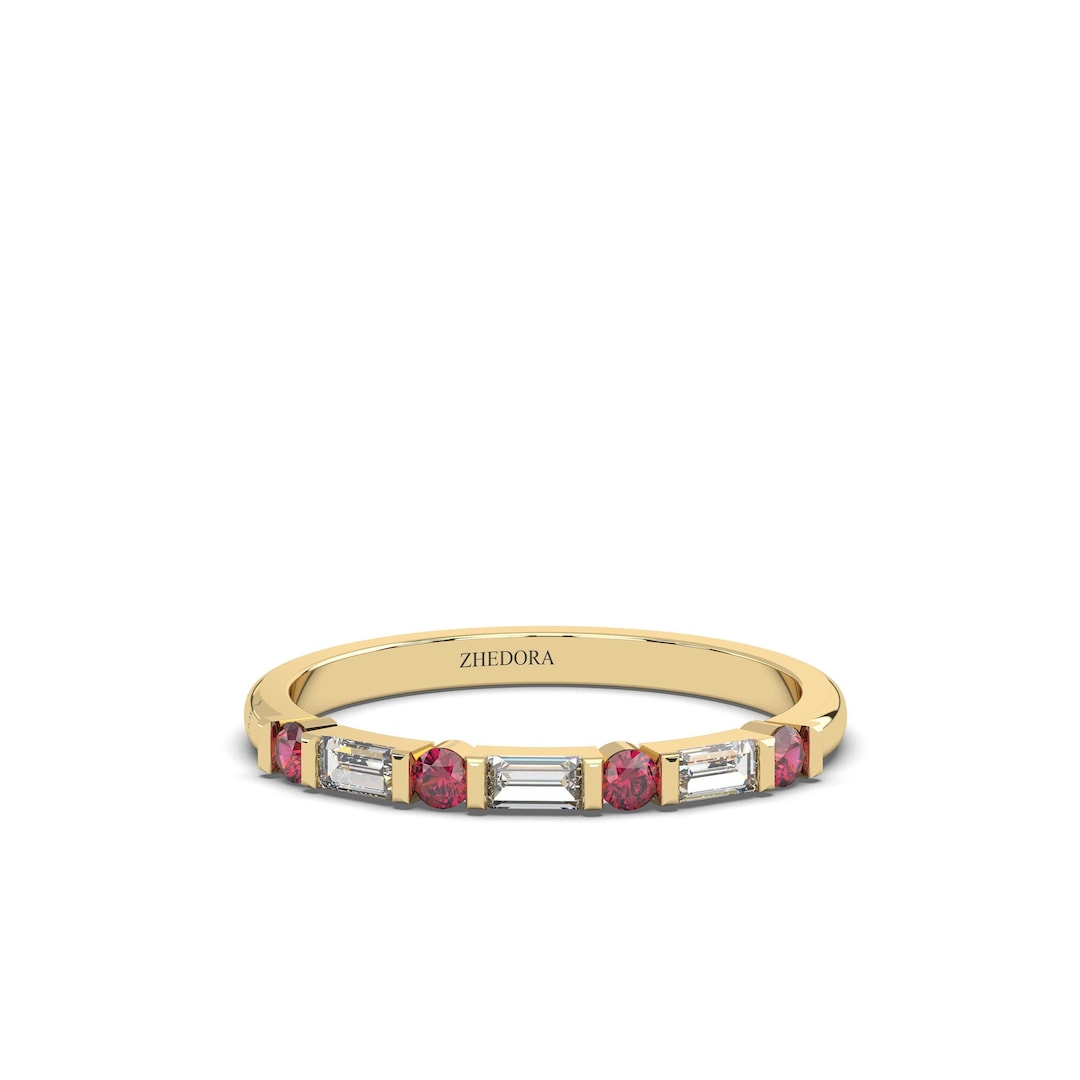 14k Gold Diamond and Ruby Ring / Baguette Diamond and Round Ruby Band ...