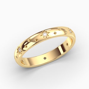 Celestial Wedding Band, Solid Gold Bridal Band, Star Emblem Band, Star ...