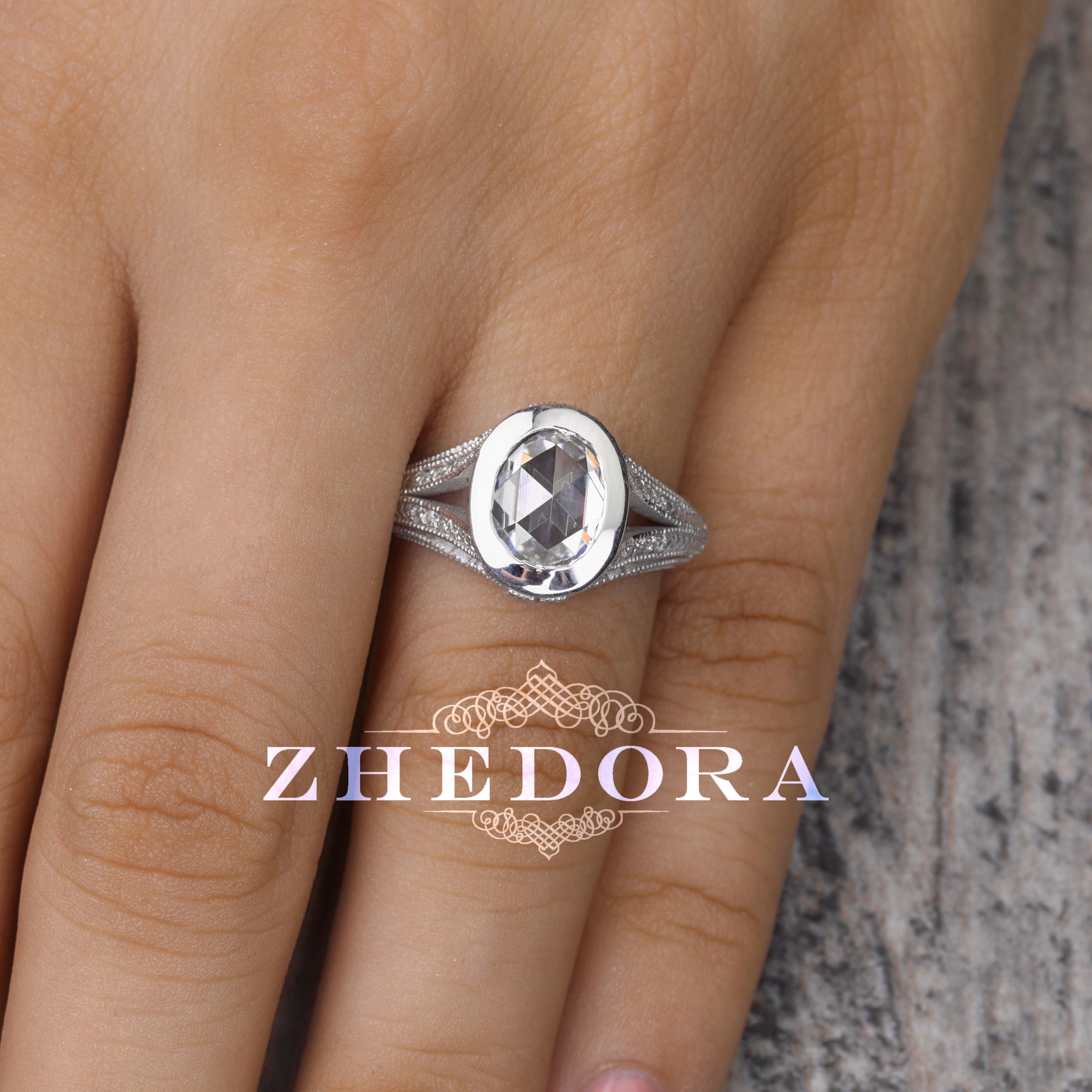Rose CUT OVAL Engagement Ring in Solid 14k/18k Gold, Bezel Moissanite ...