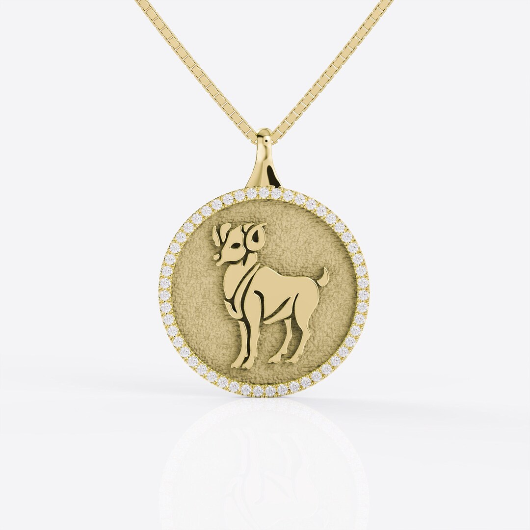 Solid Gold Medallion Pendant Necklace, Aries Necklace, Heavy Medallion ...