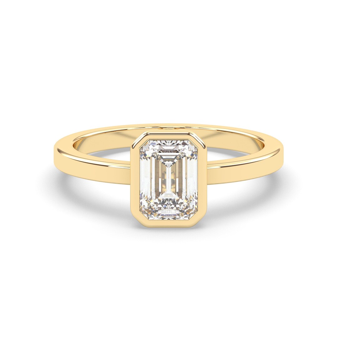 Emerald Cut Bezel Engagement Ring, Emerald Cut Solitaire, Diamond ...