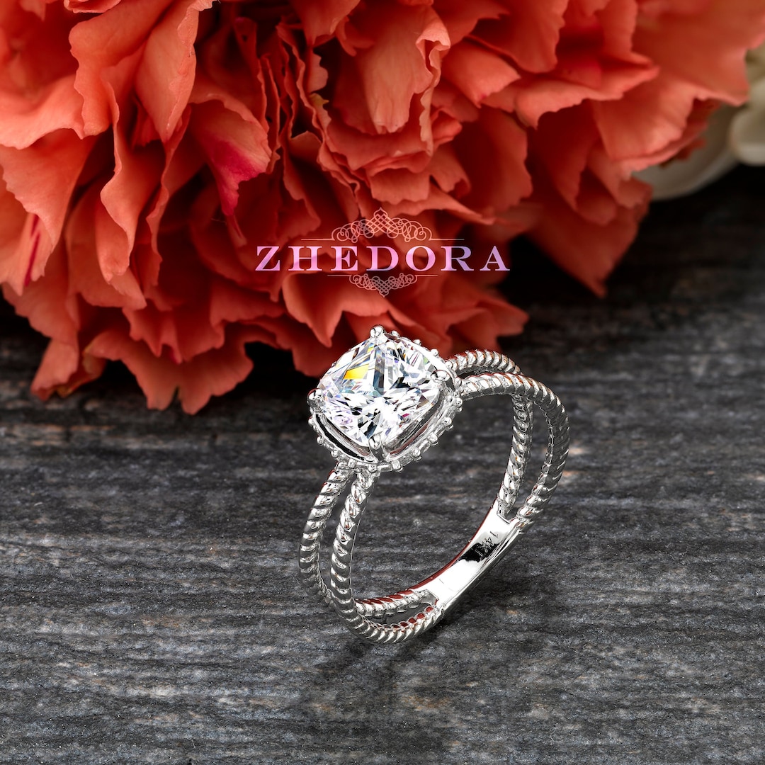 2.0 CT Cushion Cut Ring 14k/18k White Gold, Cable Engagement Ring ...