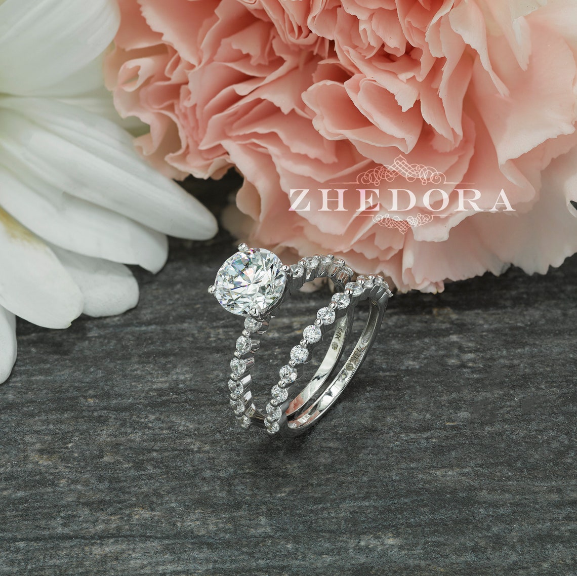 2 CT Round Engagement Ring Set in 14k/18k White Gold Round - Etsy