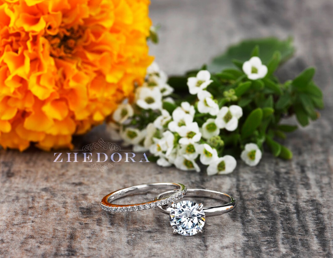 White Gold Wedding Set for Women / Engagement Ring Set / Solid Gold Set ...