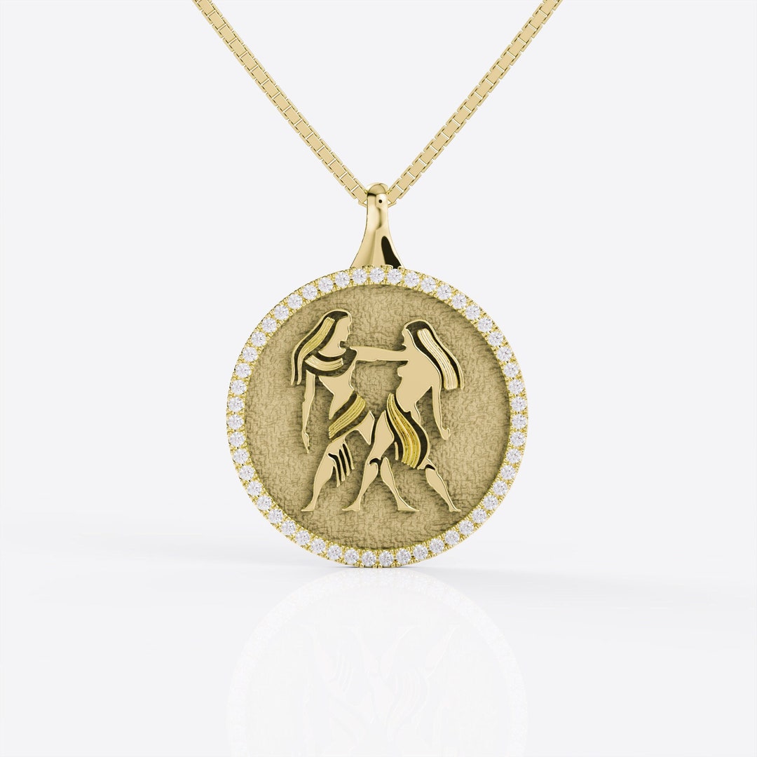 Gemini Diamond Necklace, Heavy Medallion Zodiac Pendant Necklace, Solid ...