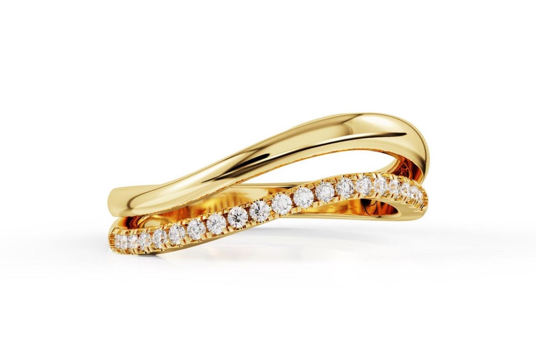 Solid Gold Double Band, 14K Solid Gold Waive Ring, Diamond Wedding Band ...