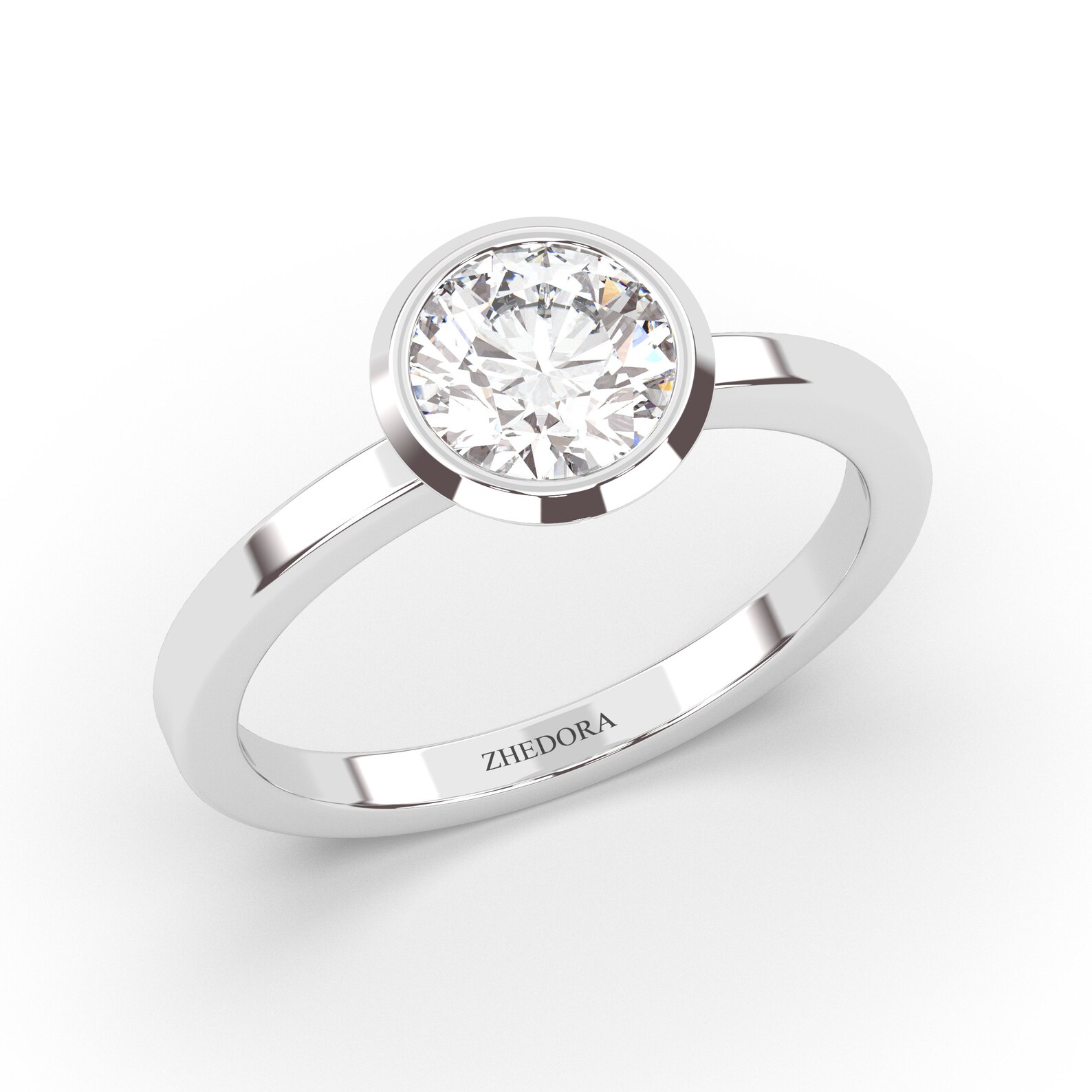 Bezel Round Cut Diamond Engagement Ring, 1 Ct Round Engagement Ring ...