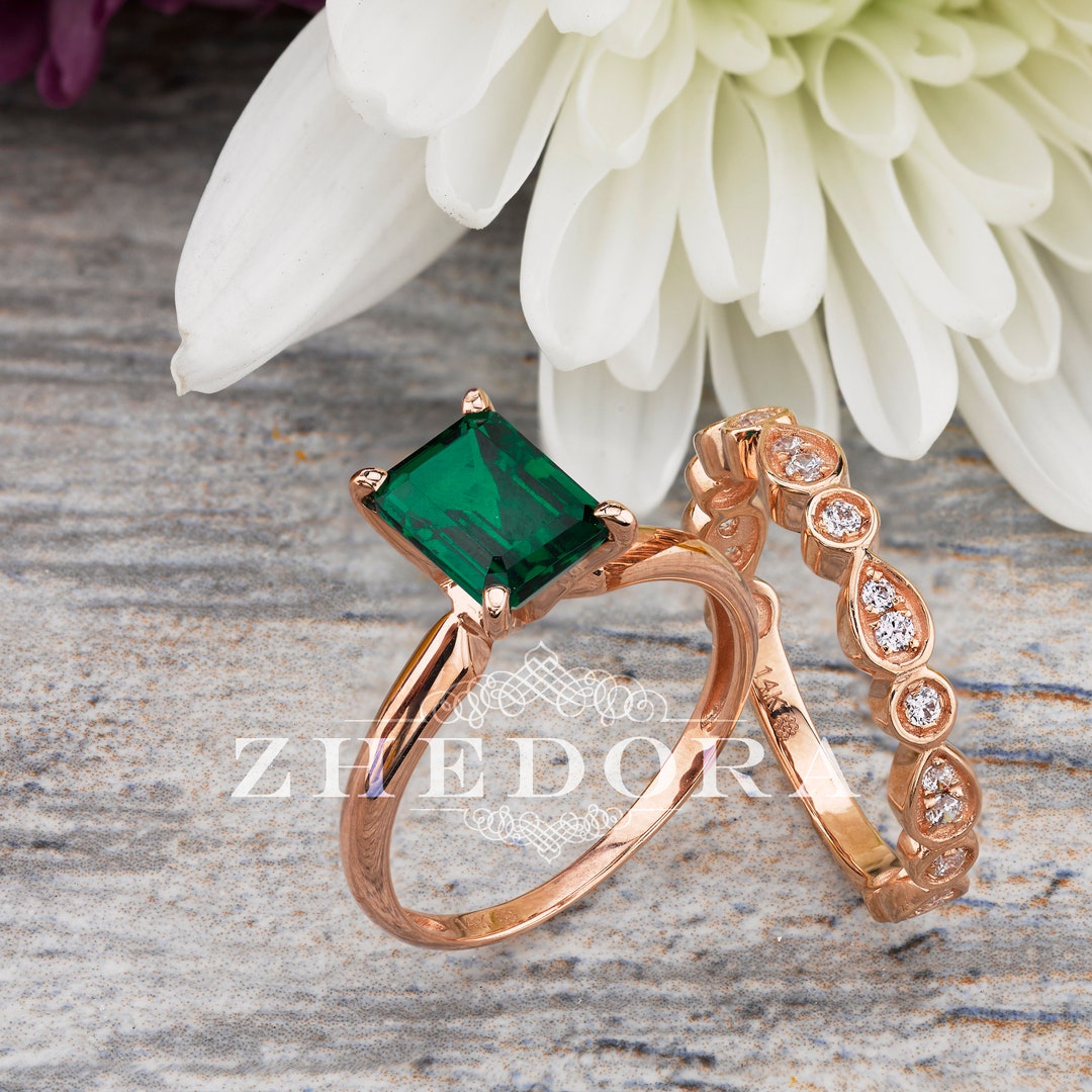 2.25 CT Green Emerald Wedding Set in 14k/18k Rose Gold , Emerald ...