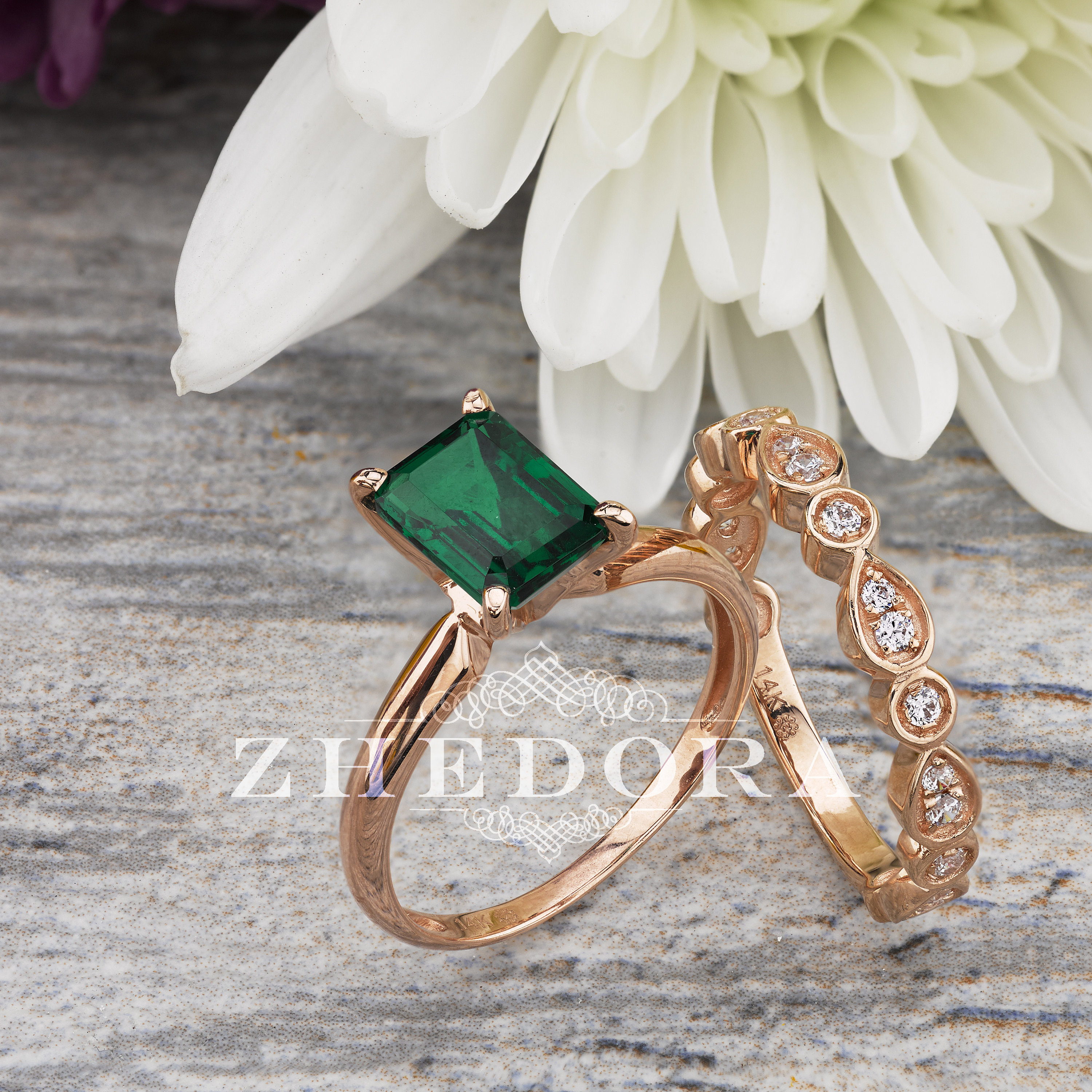 2.25 CT Green Emerald Wedding Set in 14k/18k Rose Gold , Emerald ...